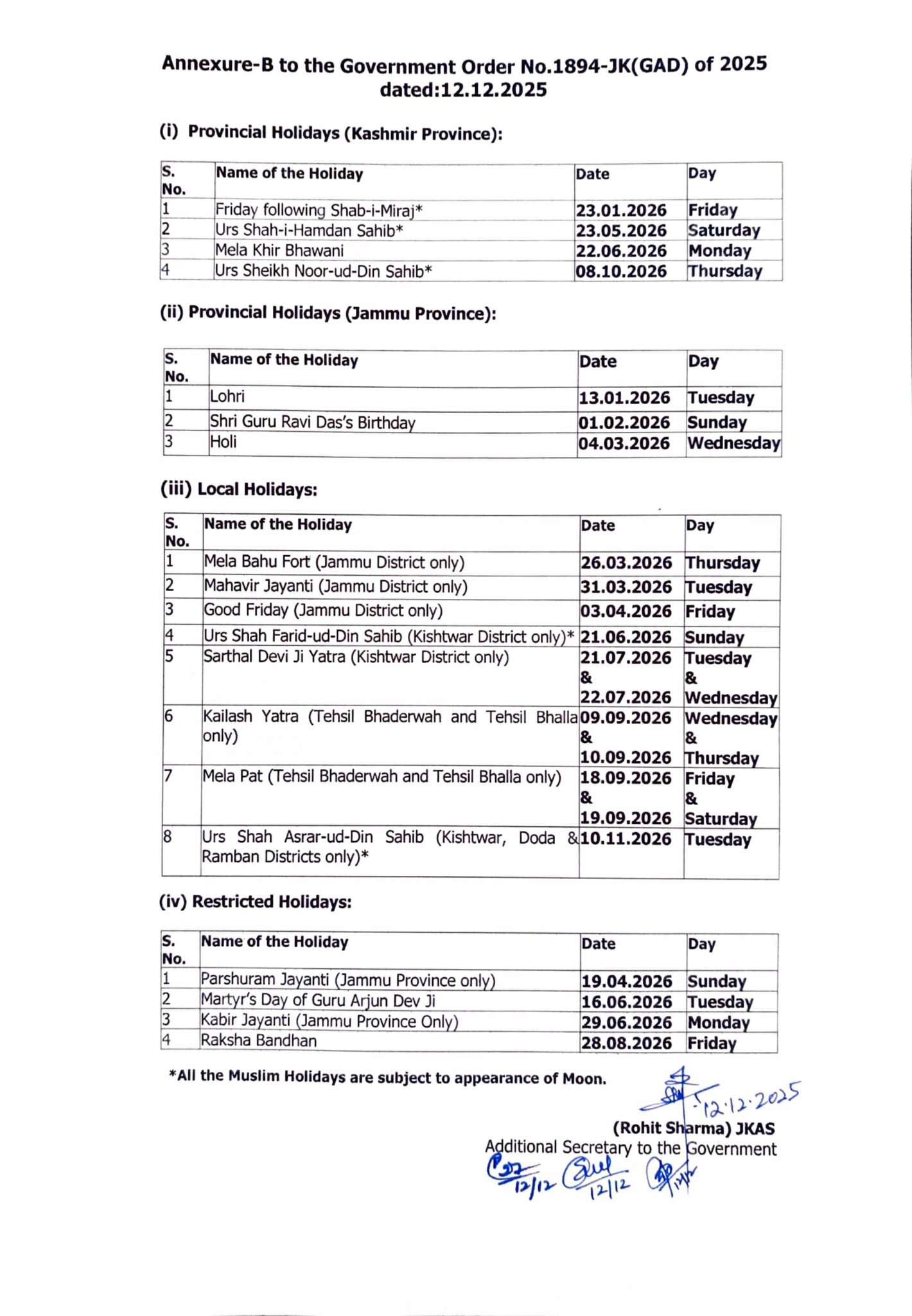 J&K Govt Holidays List 2026 | JK Govt Calendar 2026